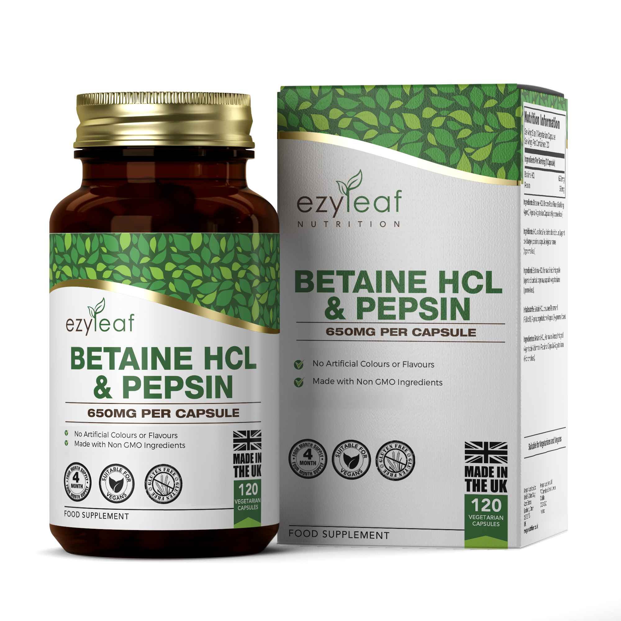 Betaine HCL & Pepsin 650mg 120 Vegan Capsules – Ezyleaf Nutrition